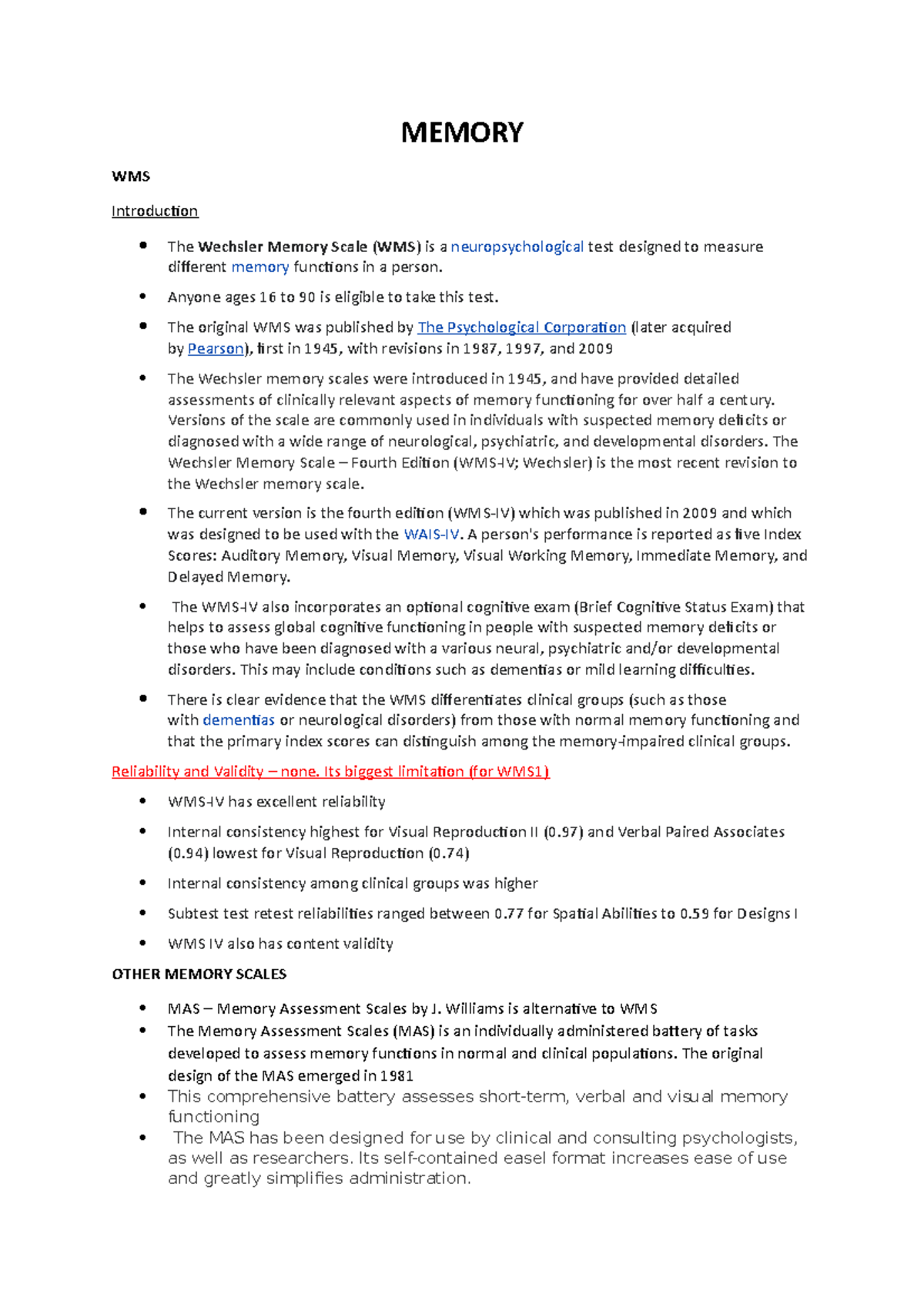 Wechsler Memory Scale (WMS) Overview and Related Memory Theories - Studocu