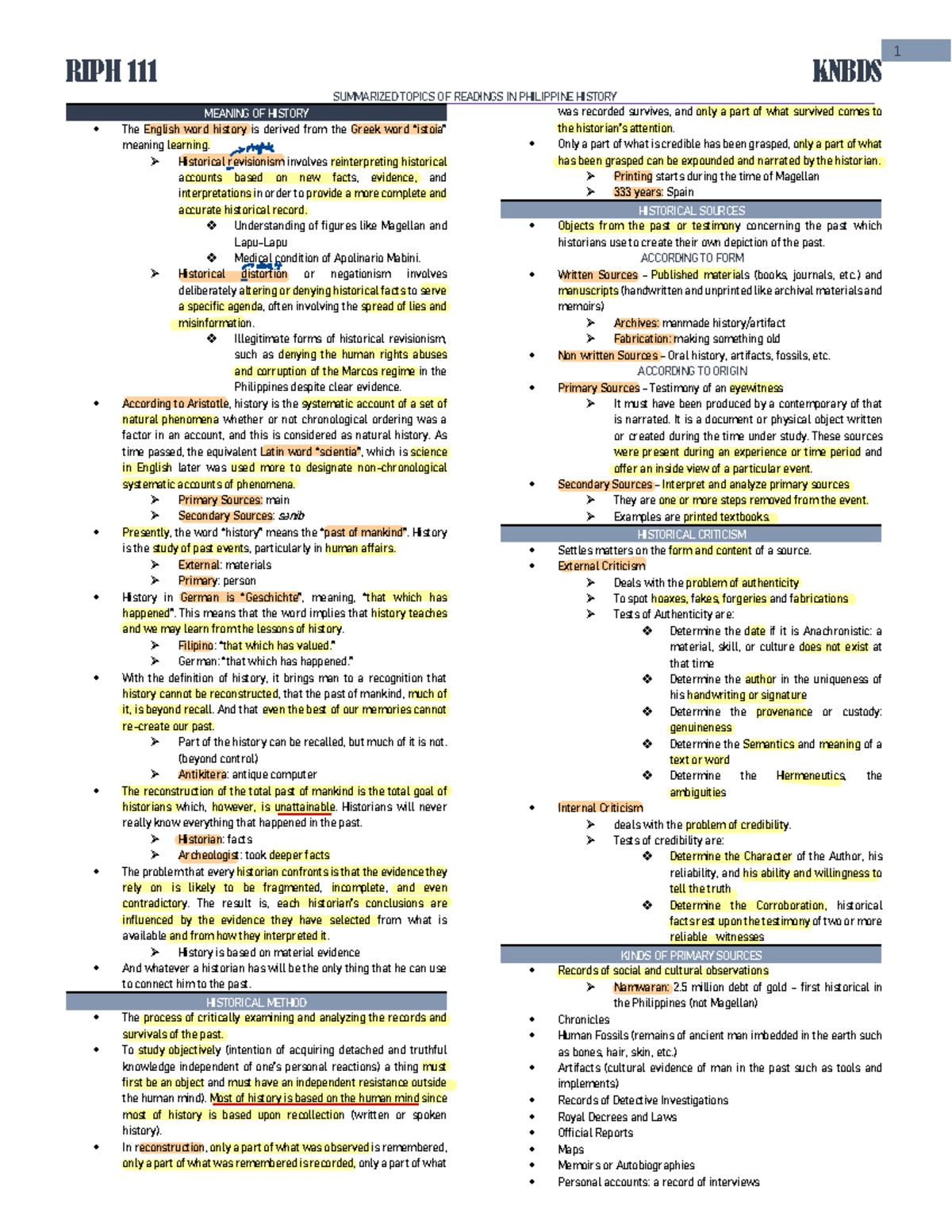 1- History - RIPH 111 KNBDS SUMMARIZED TOPICS OF READINGS IN PHILIPPINE ...