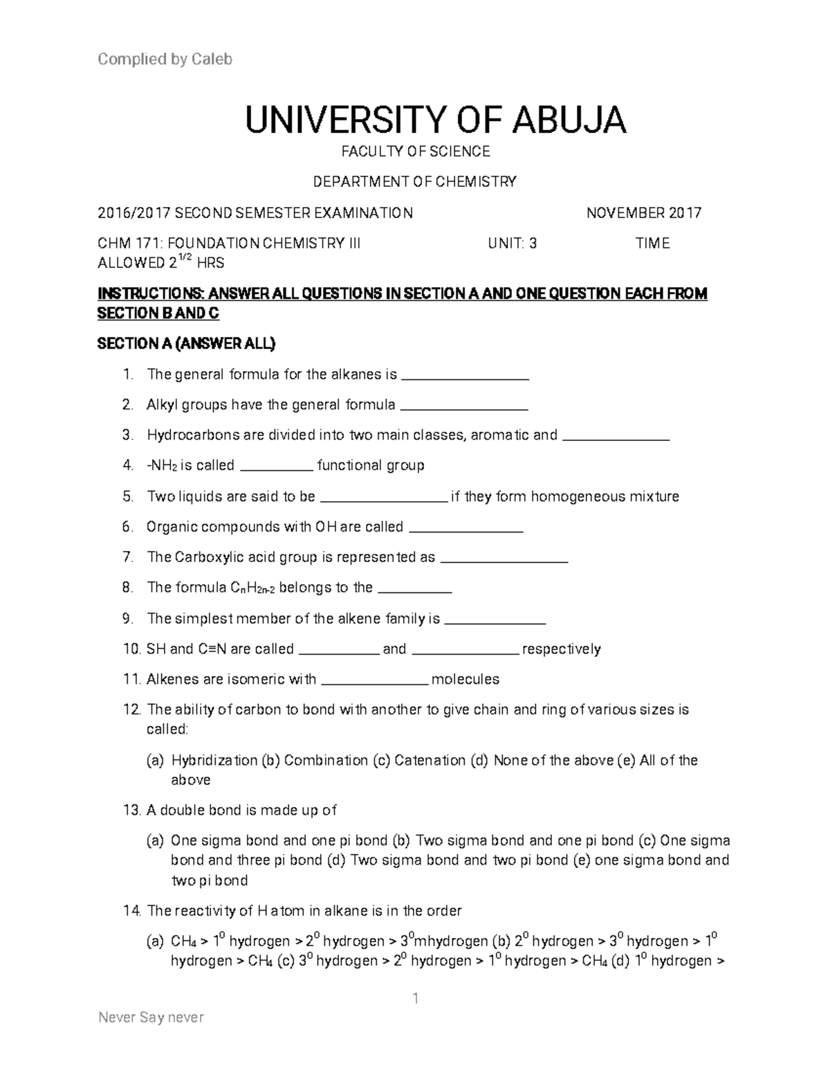 CHM 171: Past Exam Questions and Solutions for Final Exam Review - Studocu
