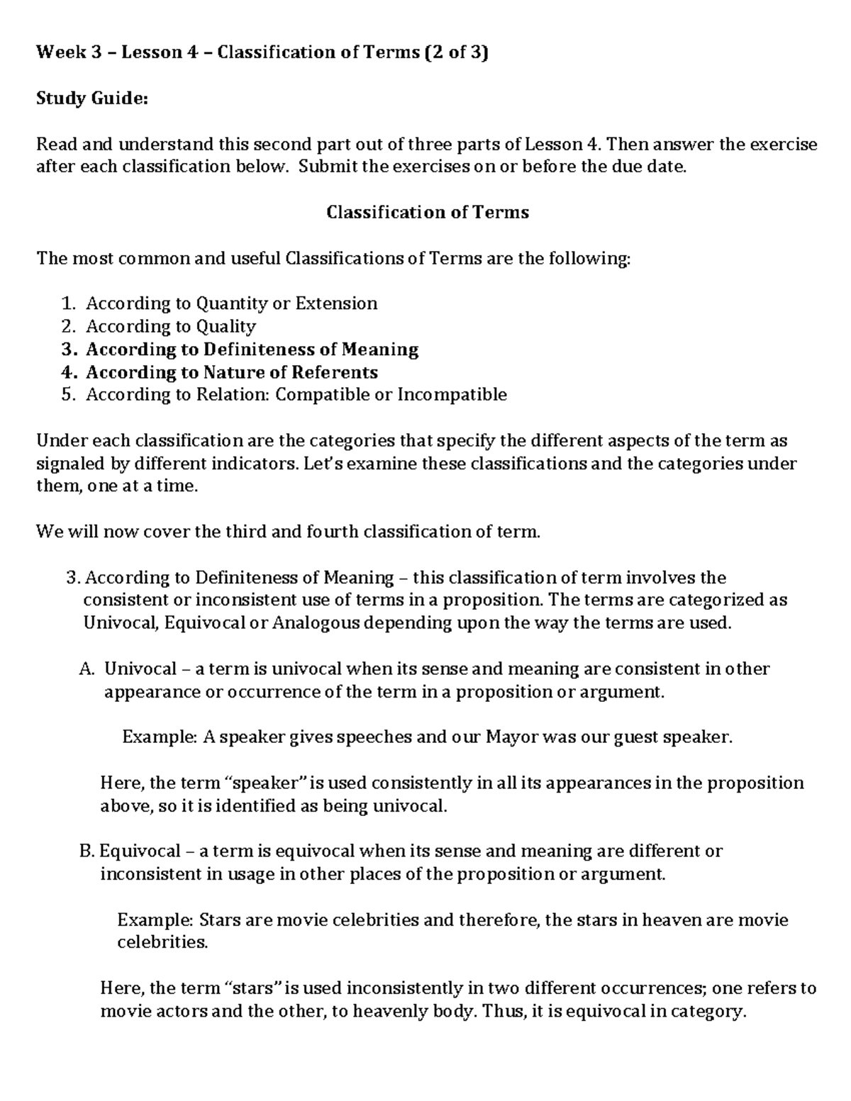 Lesson 4 - Part 2: Detailed Classification of Terms and Exercises - Studocu