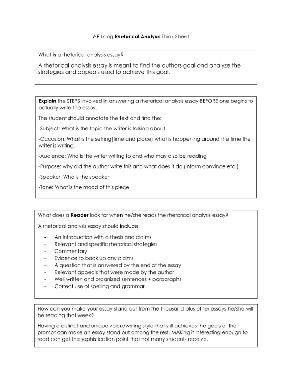 AP Rhetorical Analysis Think Sheet - Explain the STEPS involved in ...