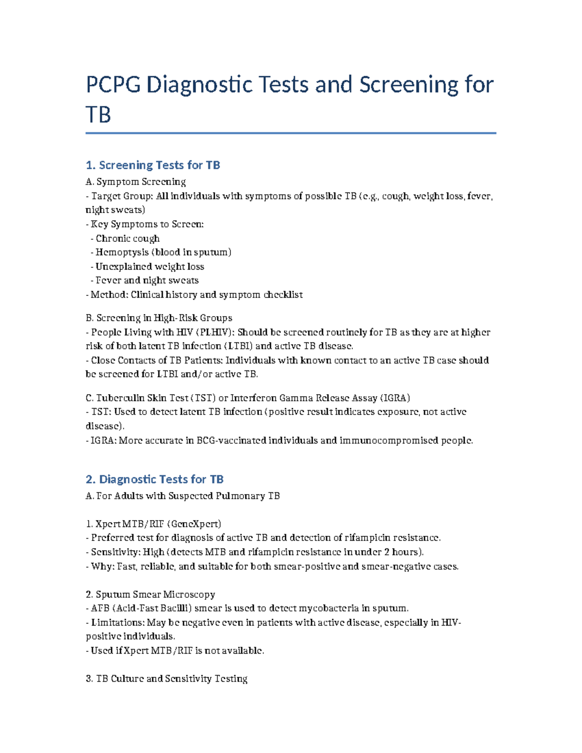 PCPG TB Diagnostics Screening Guidelines - PCPG Diagnostic Tests and ...