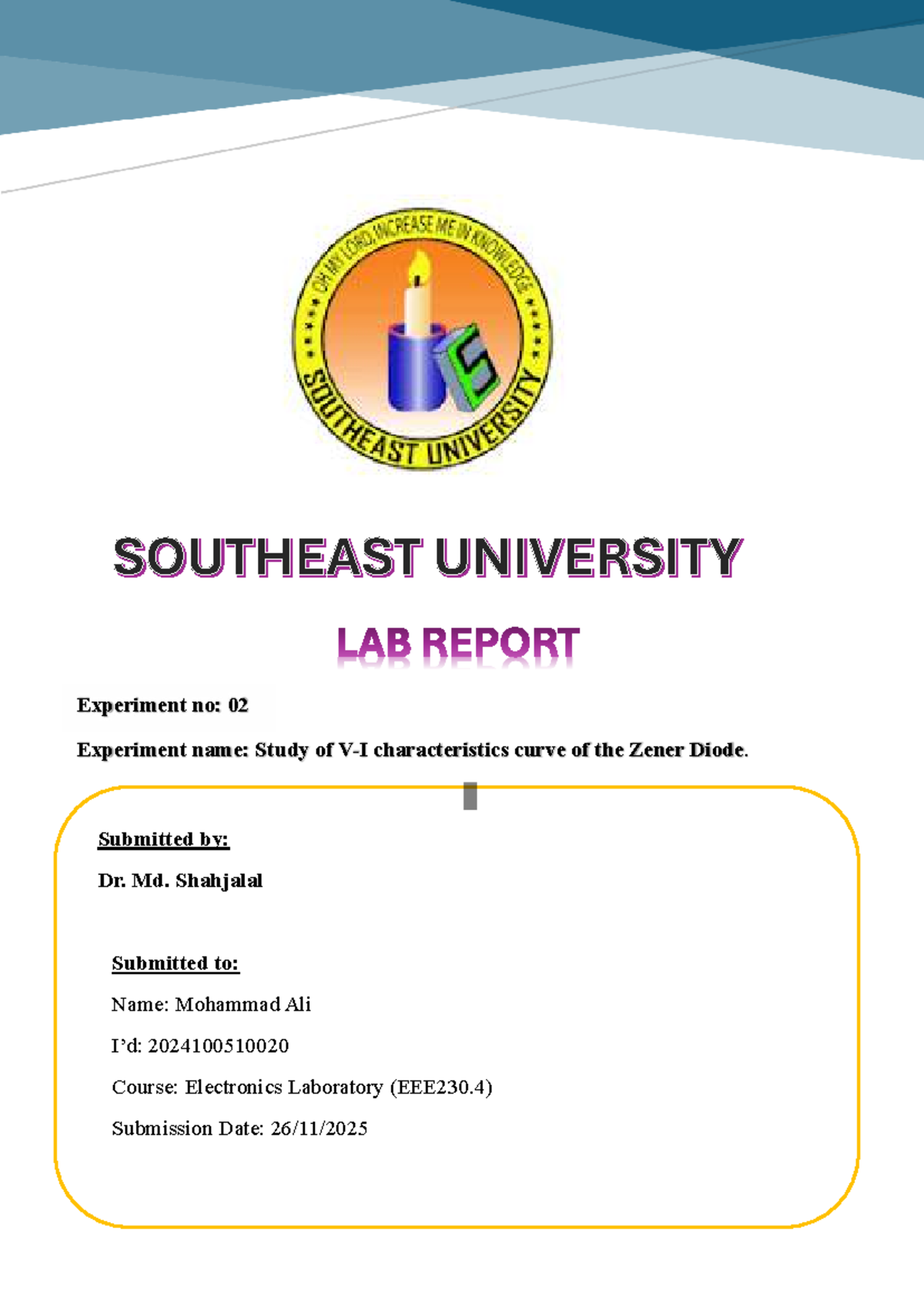 Electronics Lab Report -02: Zener Diode Characteristics Study - Studocu