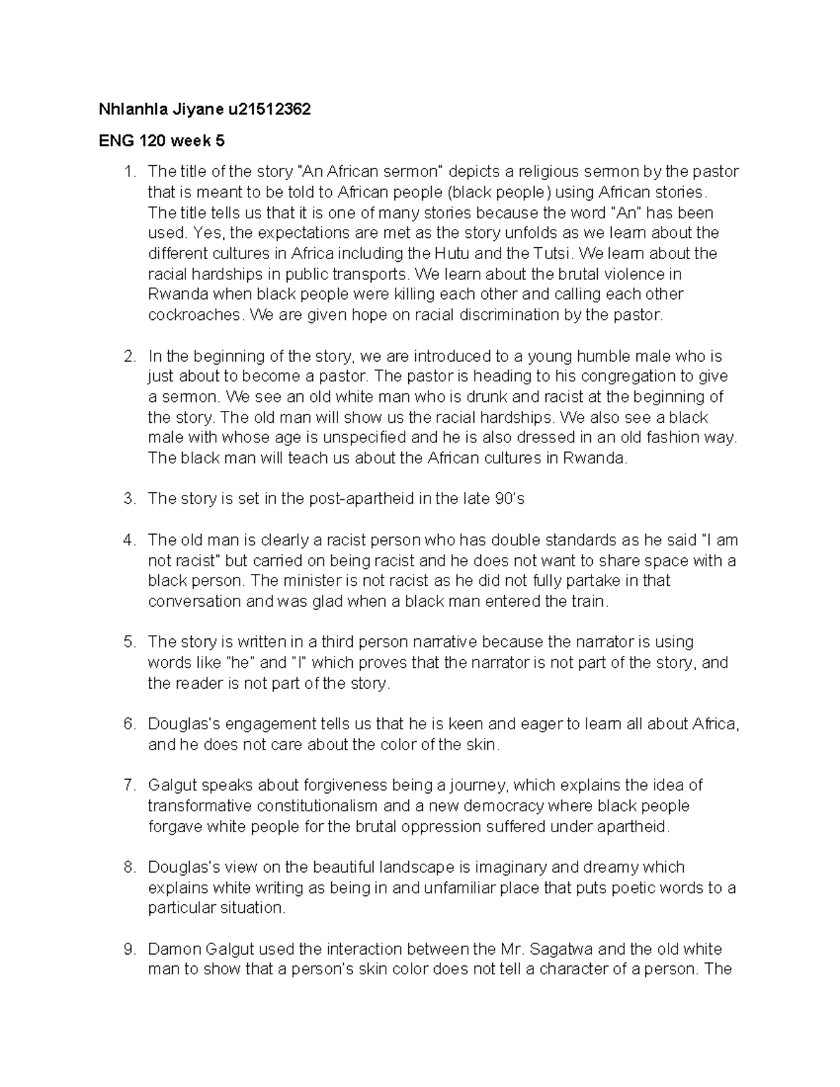 ENG 120 Week 5 Essay: Exploring Racial Themes in African Stories - Studocu
