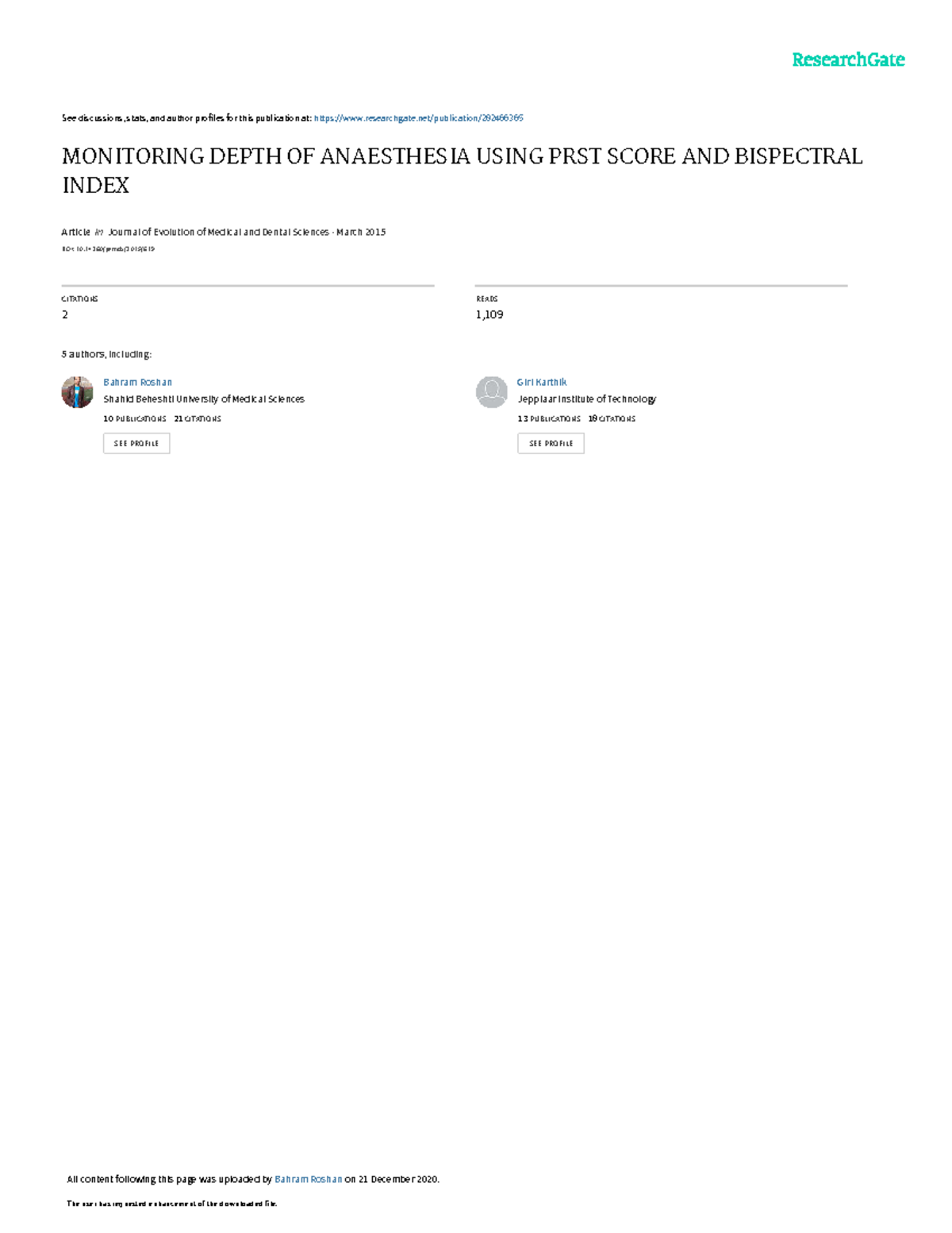 Monitoring Depth OF Anaesthesia Using PRST Score A - See discussions ...