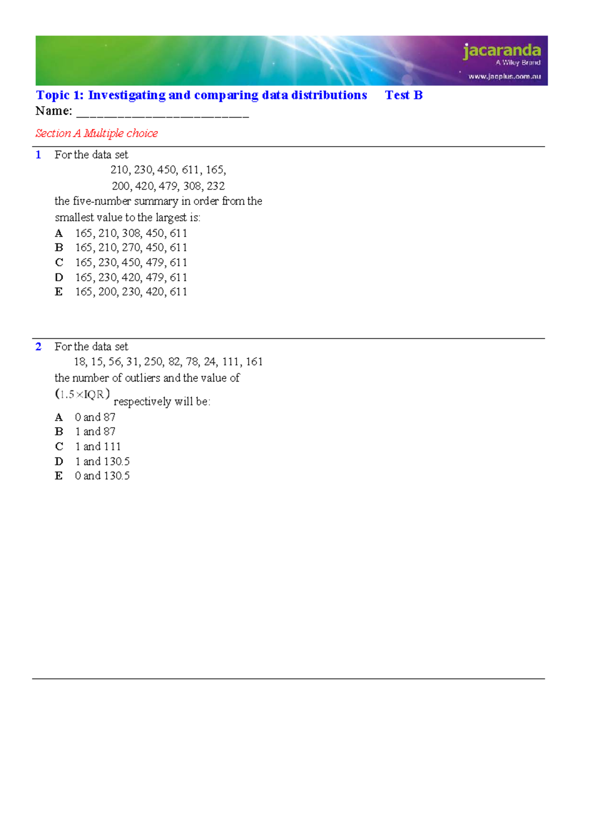 Topic 1: Data Distributions Analysis - Test B - Studocu