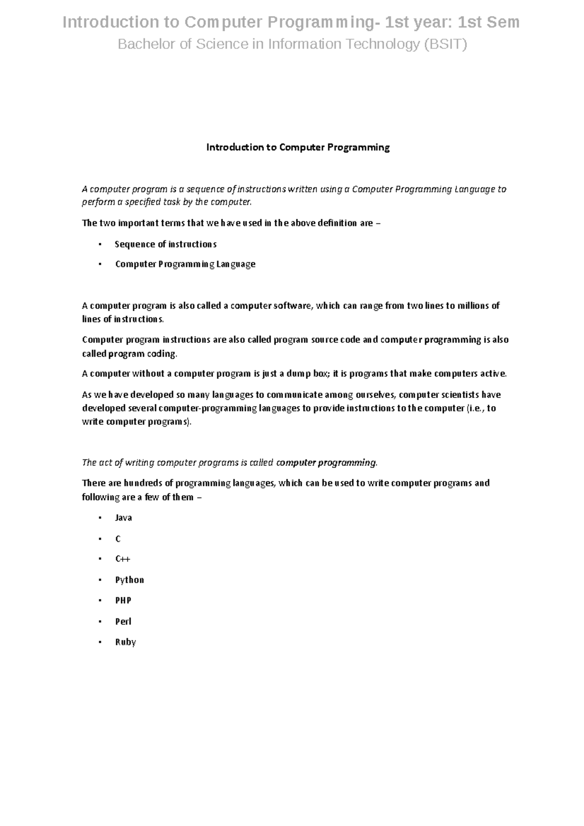 Introduction to Computer Programming: 1st Year BSIT 1st Sem - Studocu