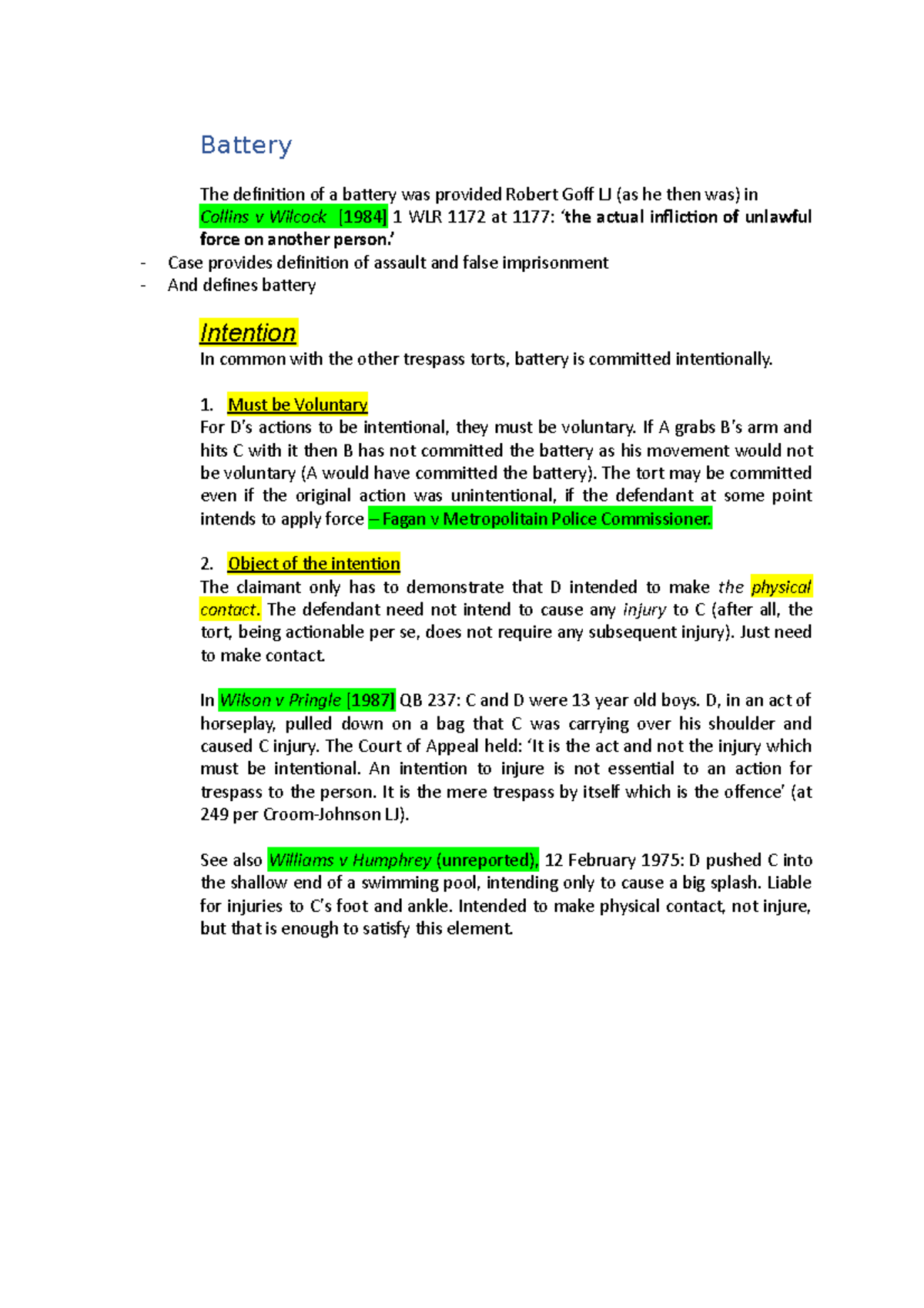 Law of Tort: Understanding Trespass to the Person & Battery Cases - Studocu