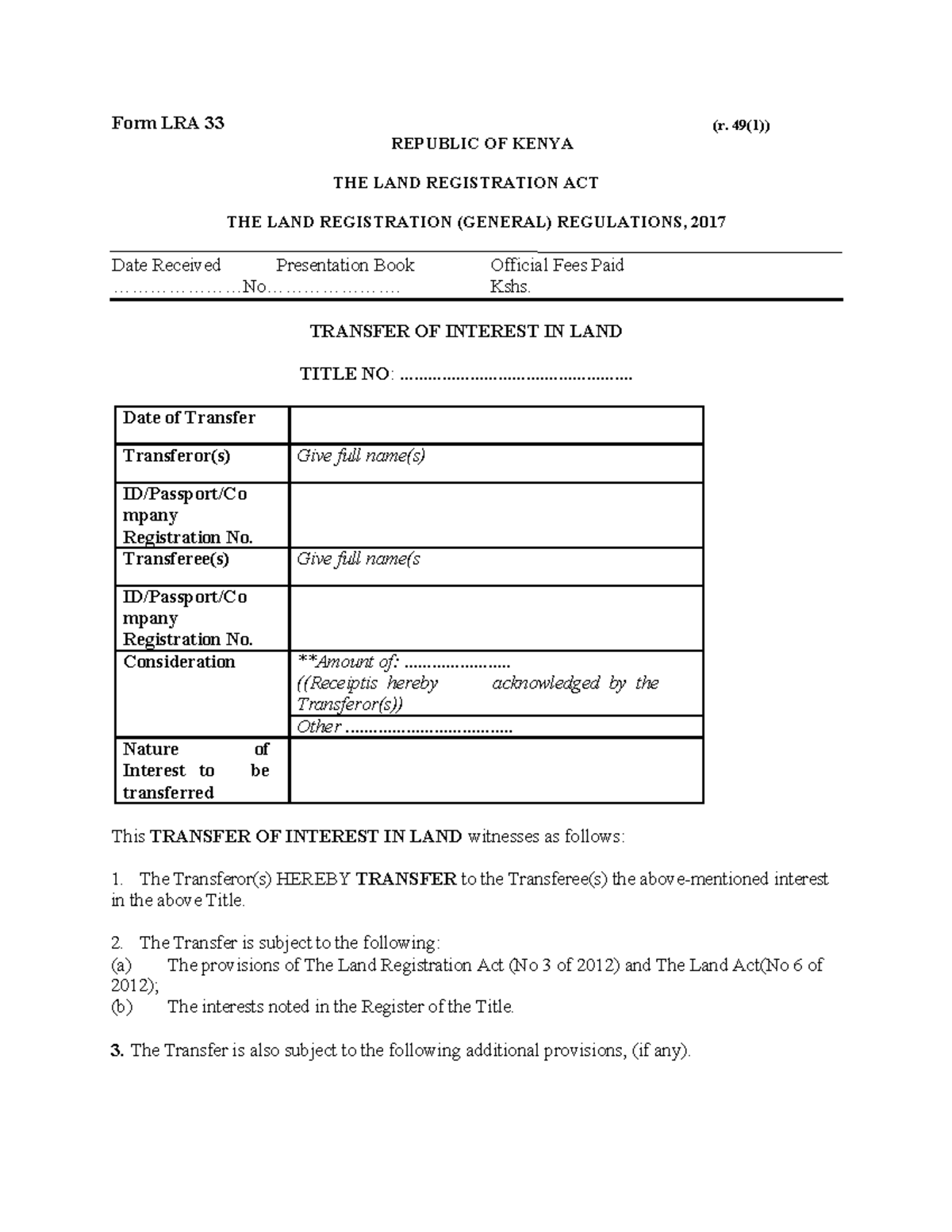 Form LRA 33: Transfer of Interest in Land (Kenya Land Registration Act ...