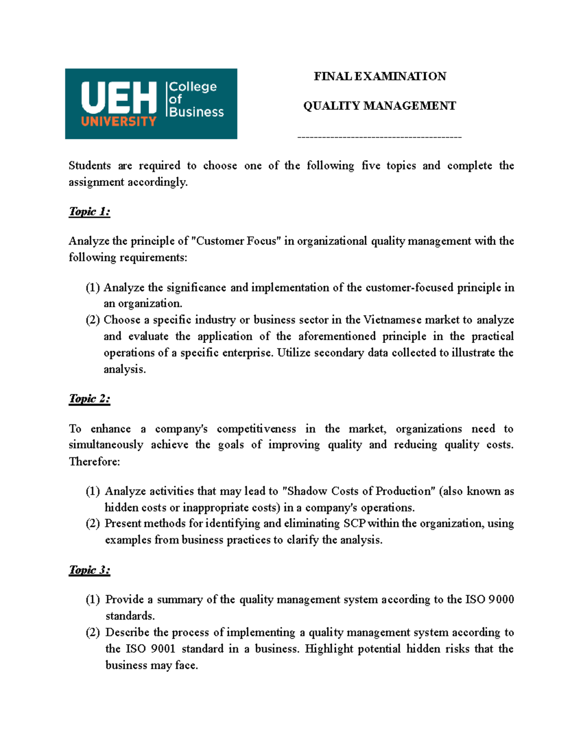 Final Exam: Quality Management Topics and Assignment Guidelines - Studocu
