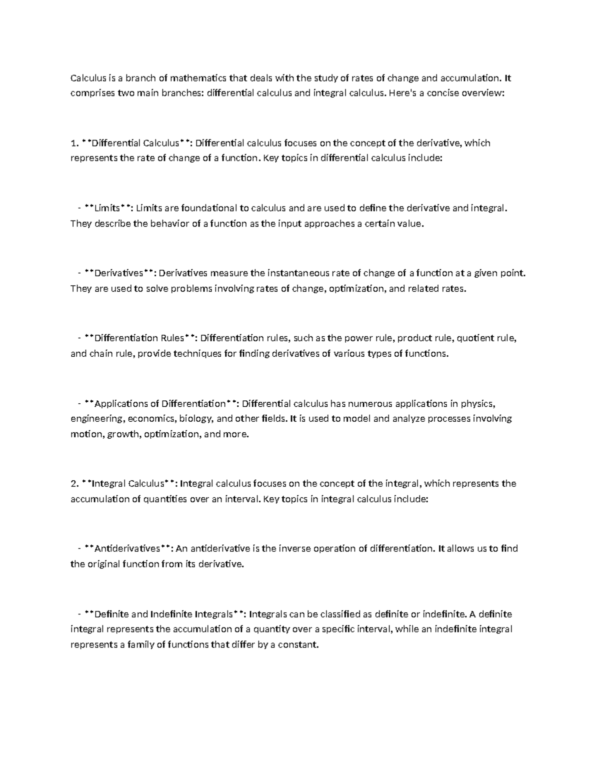 Calculus Overview: Differentiation & Integration Concepts - Studocu