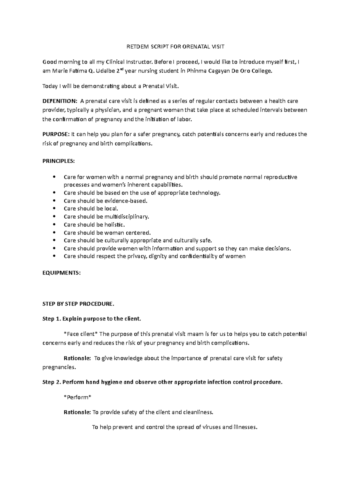 RETDEM 1 - Prenatal Visit Procedure Notes and Guidelines - Studocu