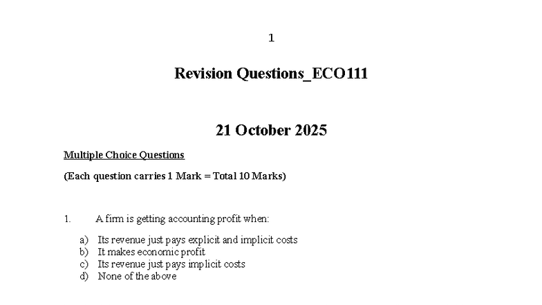 Revision Questions Set 2: MCQs and True/False for Economics (Course ...