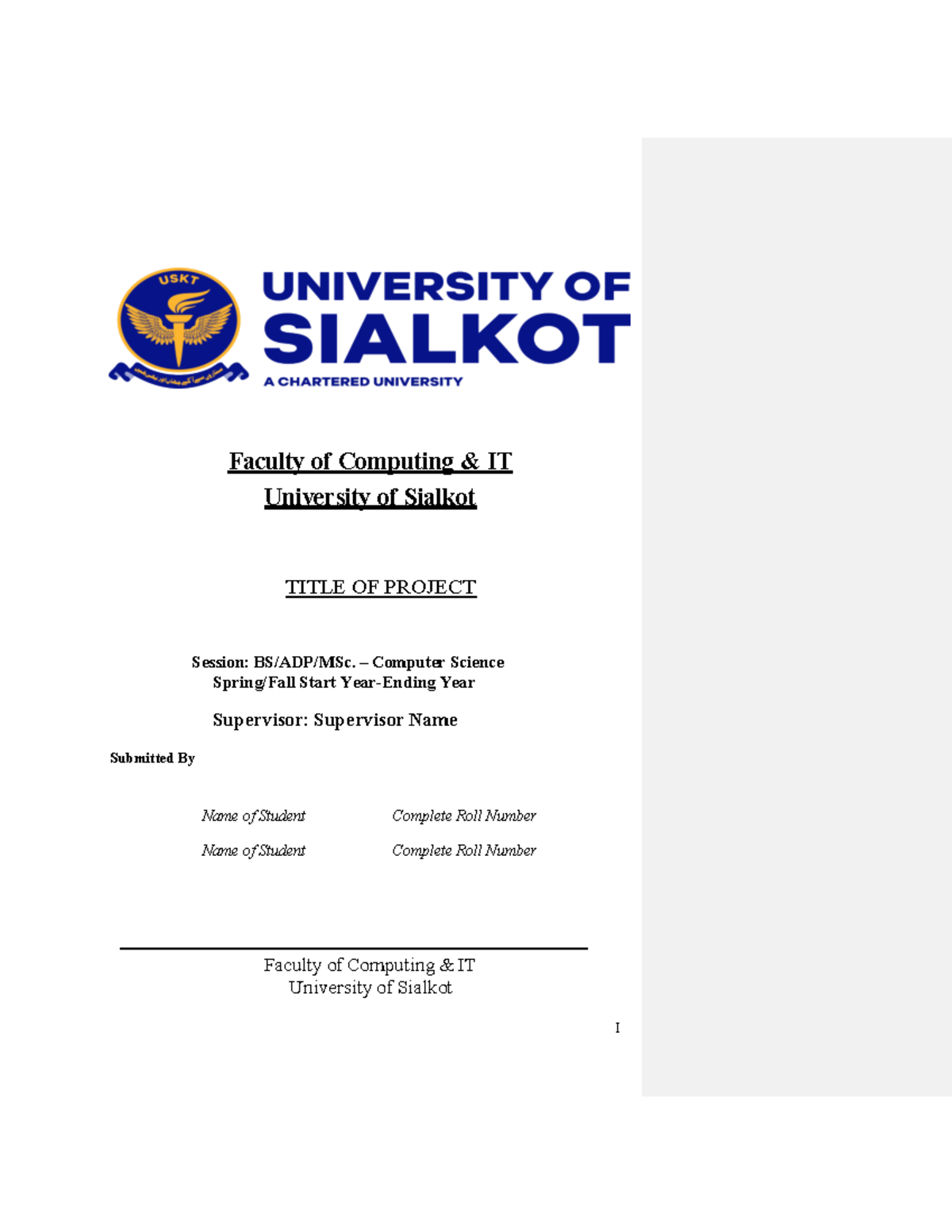 FYP Documentation Template for CS Program at University of Sialkot ...
