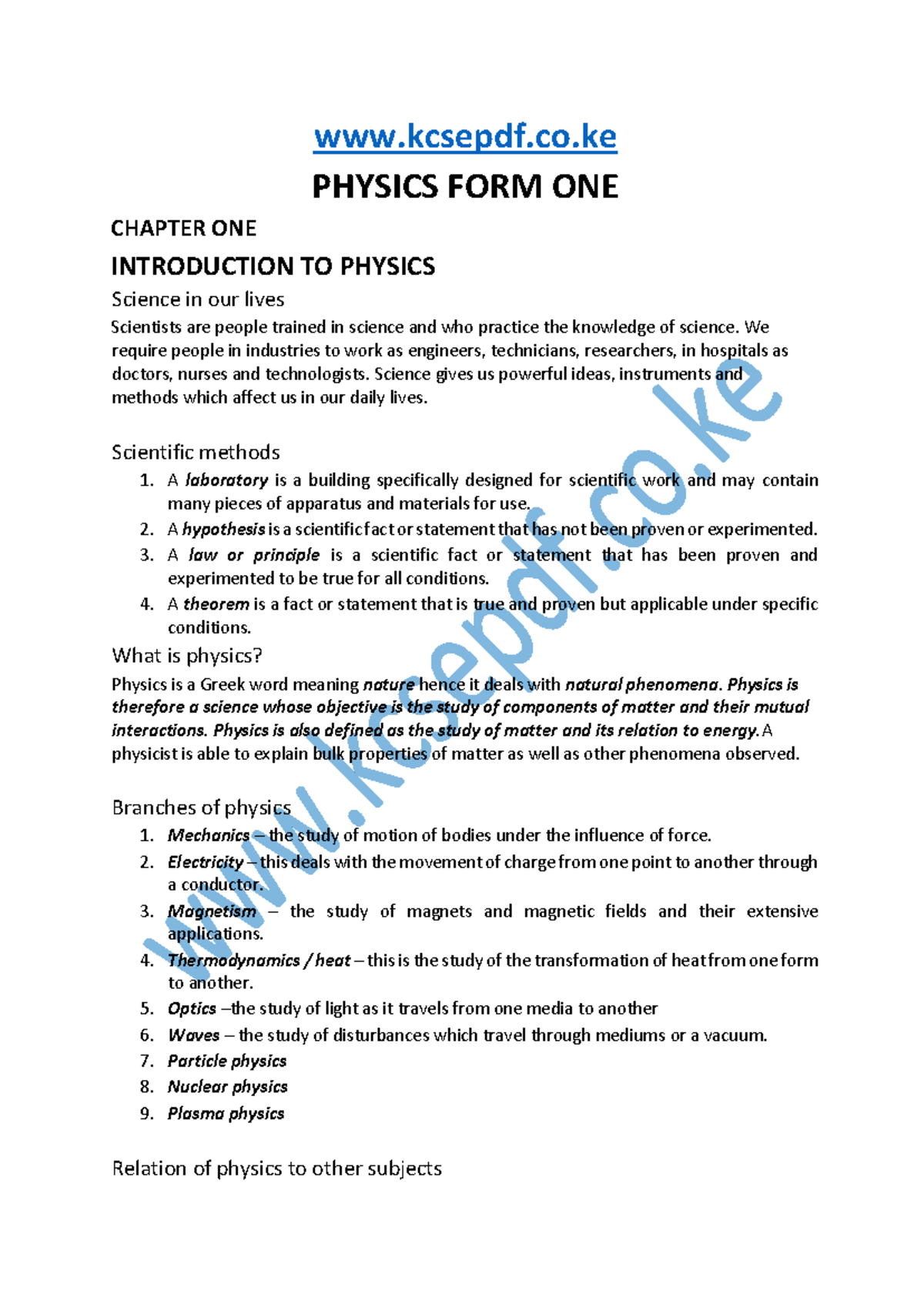 PHYSICS FORM ONE CHAPTER ONE: INTRODUCTION TO PHYSICS NOTES - Studocu