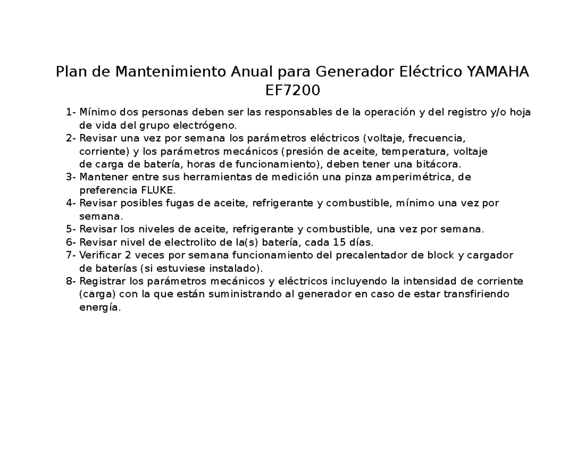 Plan de Mantenimiento Anual para Generador YAMAHA EF7200 (2025) - Studocu