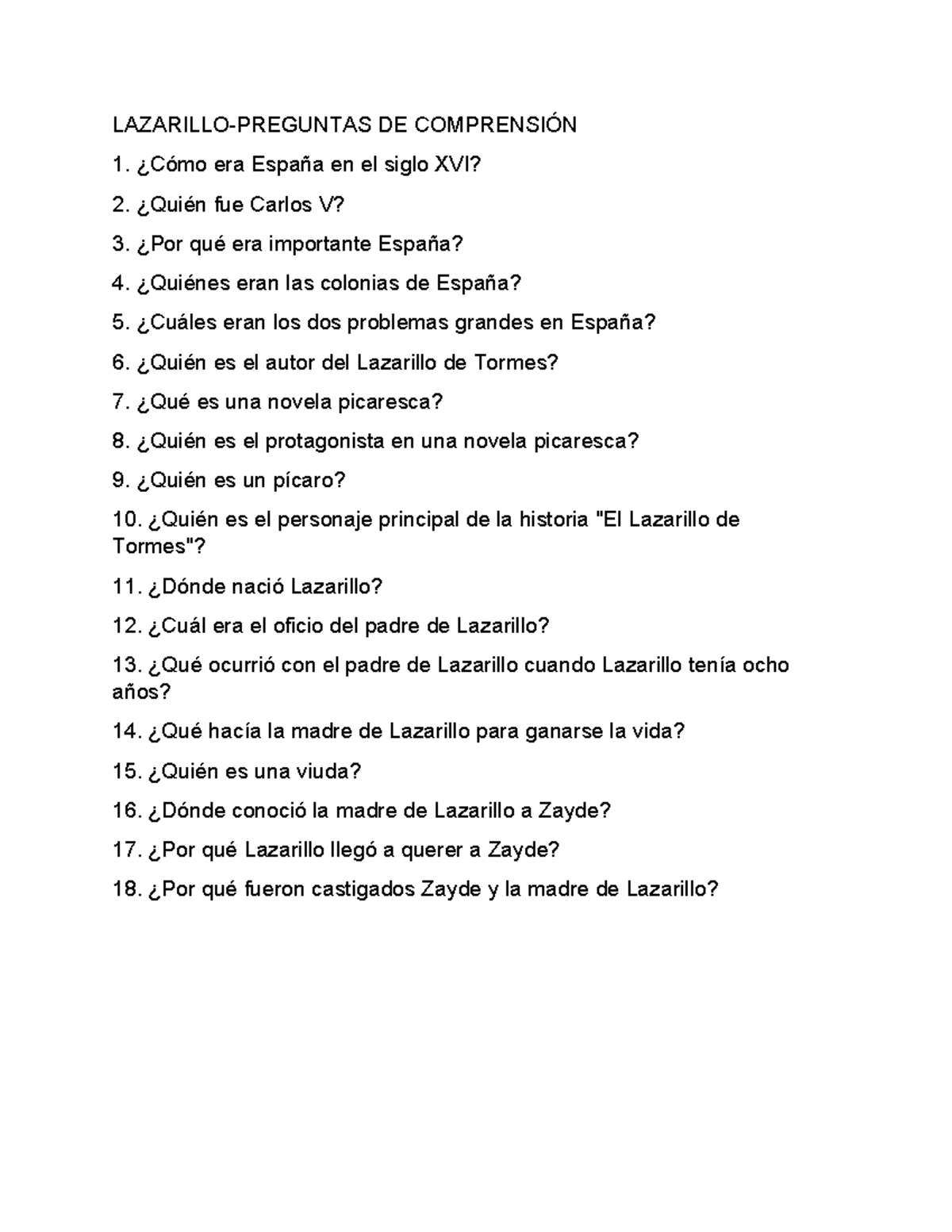 Actividad: Preguntas de Comprensión sobre Lazarillo (Prologo) - Studocu