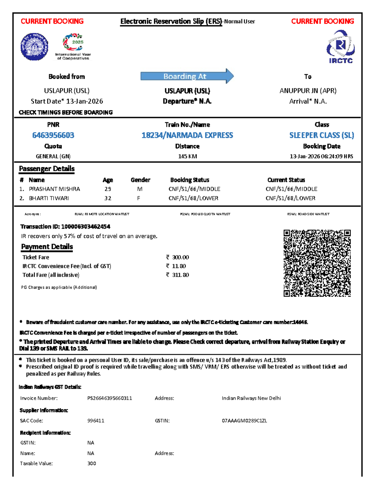 Electronic Reservation Slip for Train Booking (USL) - Studocu