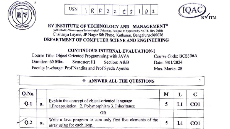 BCS306A Continuous Internal Assessment: Object Oriented Programming ...