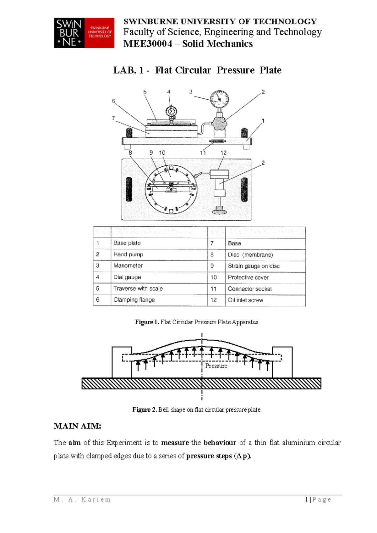 MEE30004 Solid Mechanics Lab 1: Flat Circular Pressure Plate Analysis - Studocu