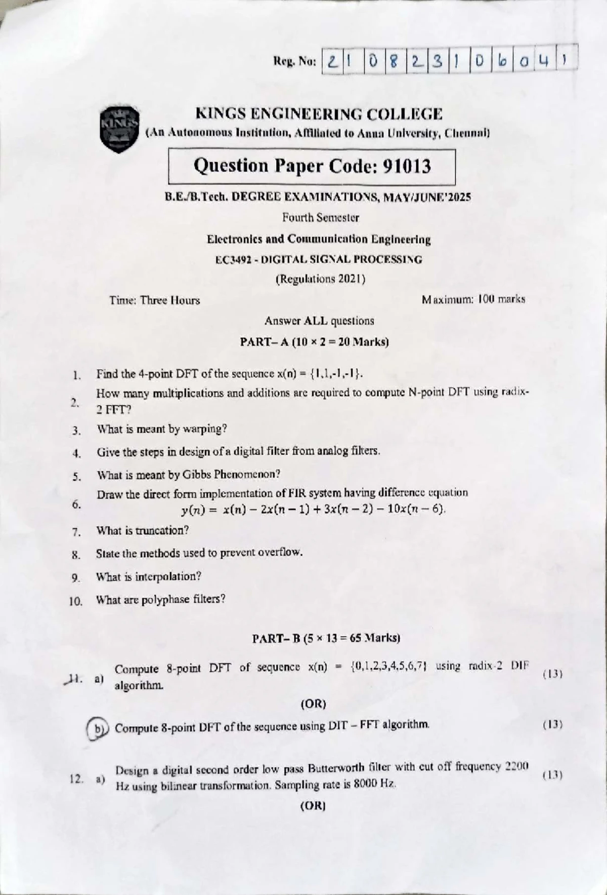 EC3492 Final Exam - DSP MATLAB Practical Exercises and Solutions - Studocu
