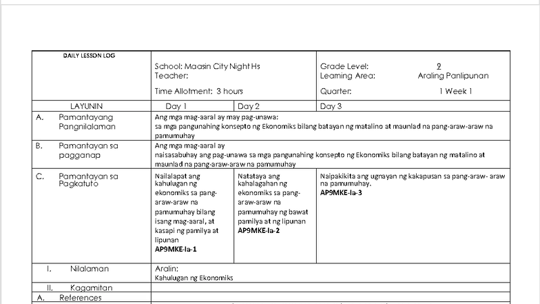 Ekonomiks Q1 Week 1 Daily Lesson Log for Araling Panlipunan - Studocu
