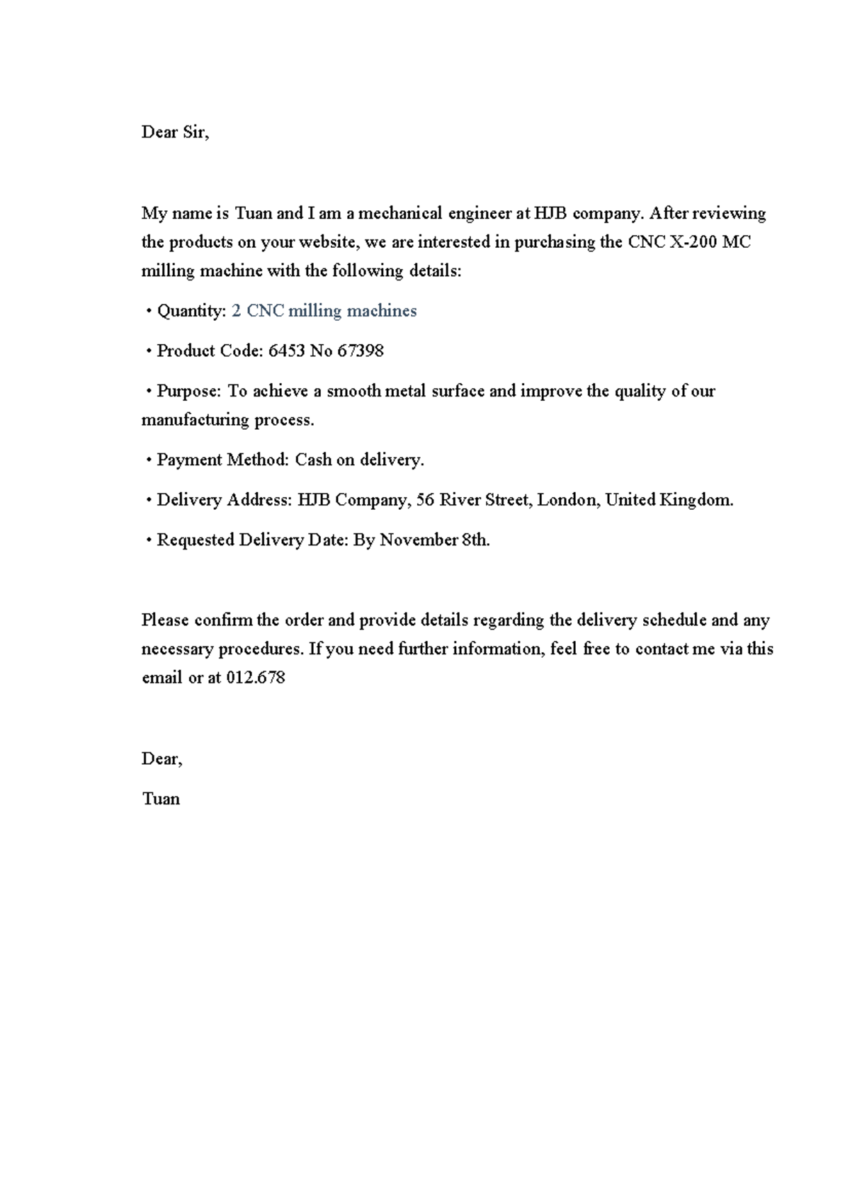 Order Confirmation Request for CNC MC Milling Machines - Writing Unit 2 ...