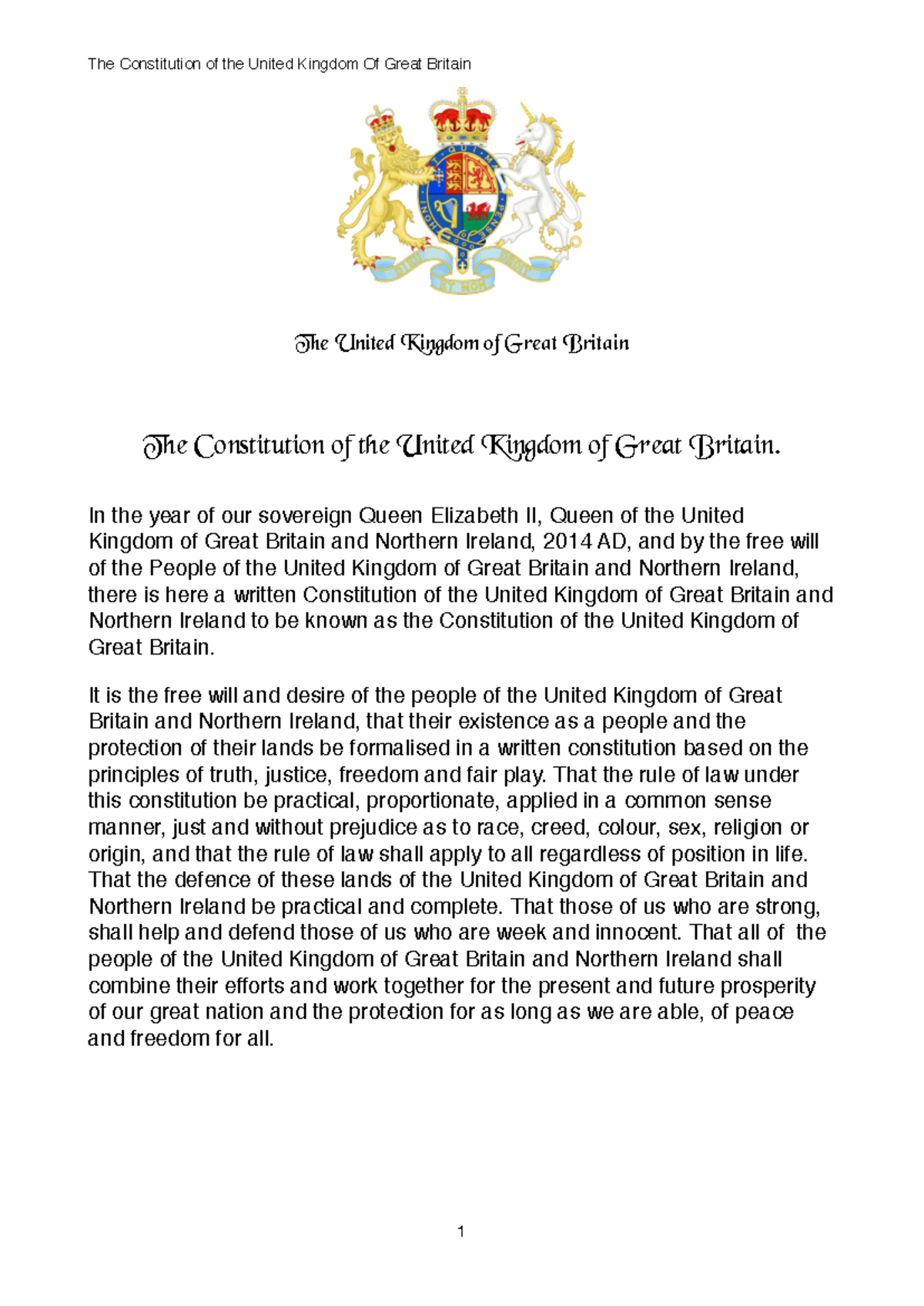 The Written Constitution of the UK - 1 - The United Kingdom of Great ...