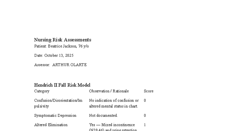 Care Plan for Beatrice Jackson: Fall Risk Assessment (ARTHUR II) - Studocu