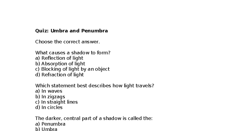 Quiz: Understanding Shadows - Umbra and Penumbra Concepts - Studocu
