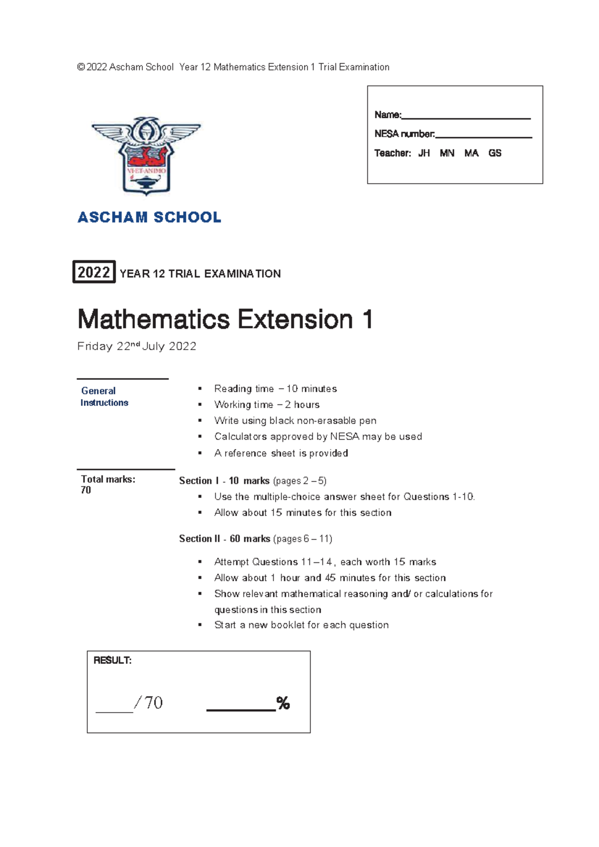 2022 Ascham School Year 12 Mathematics Extension 1 Trial Exam Solutions ...