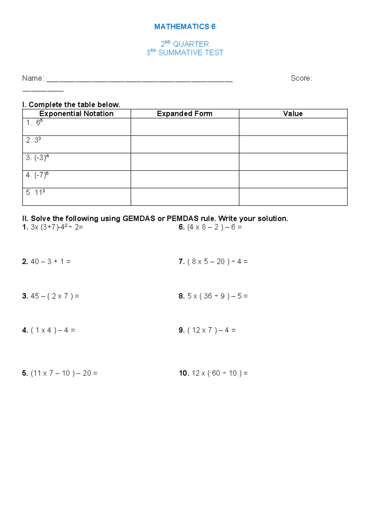 Mathematics 6 ST3 2nd Quarter Summative Test Solutions - Studocu