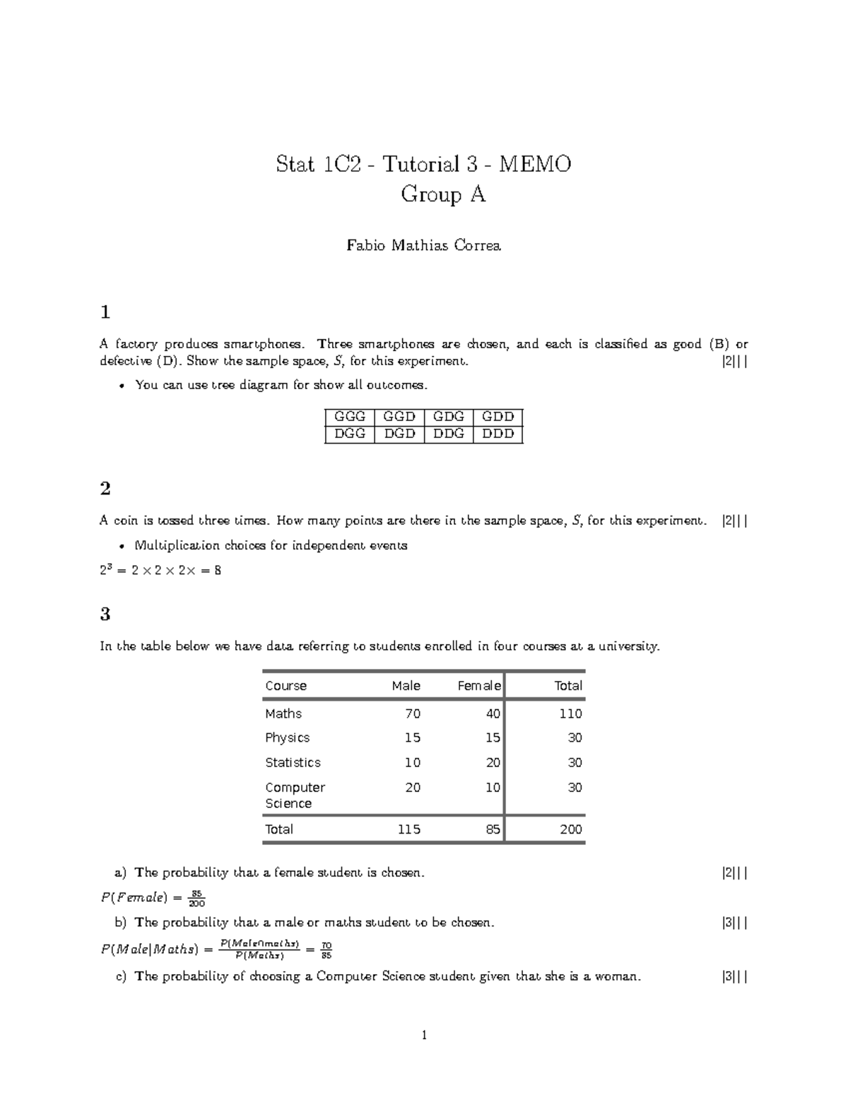 Stat 1C2 Week 3 Tutorial 3 Memo: Sample Space & Probabilities - Studocu