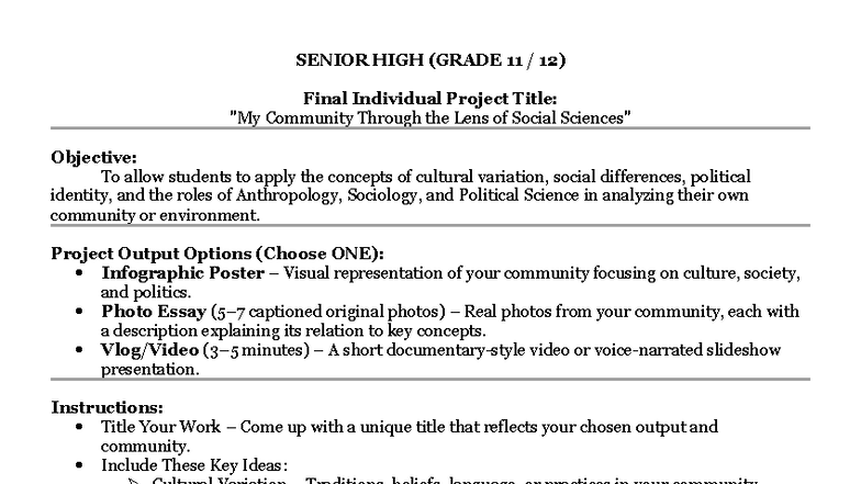 SENIOR HIGH (GRADE 11 / 12) Final Project: My Community in Social ...