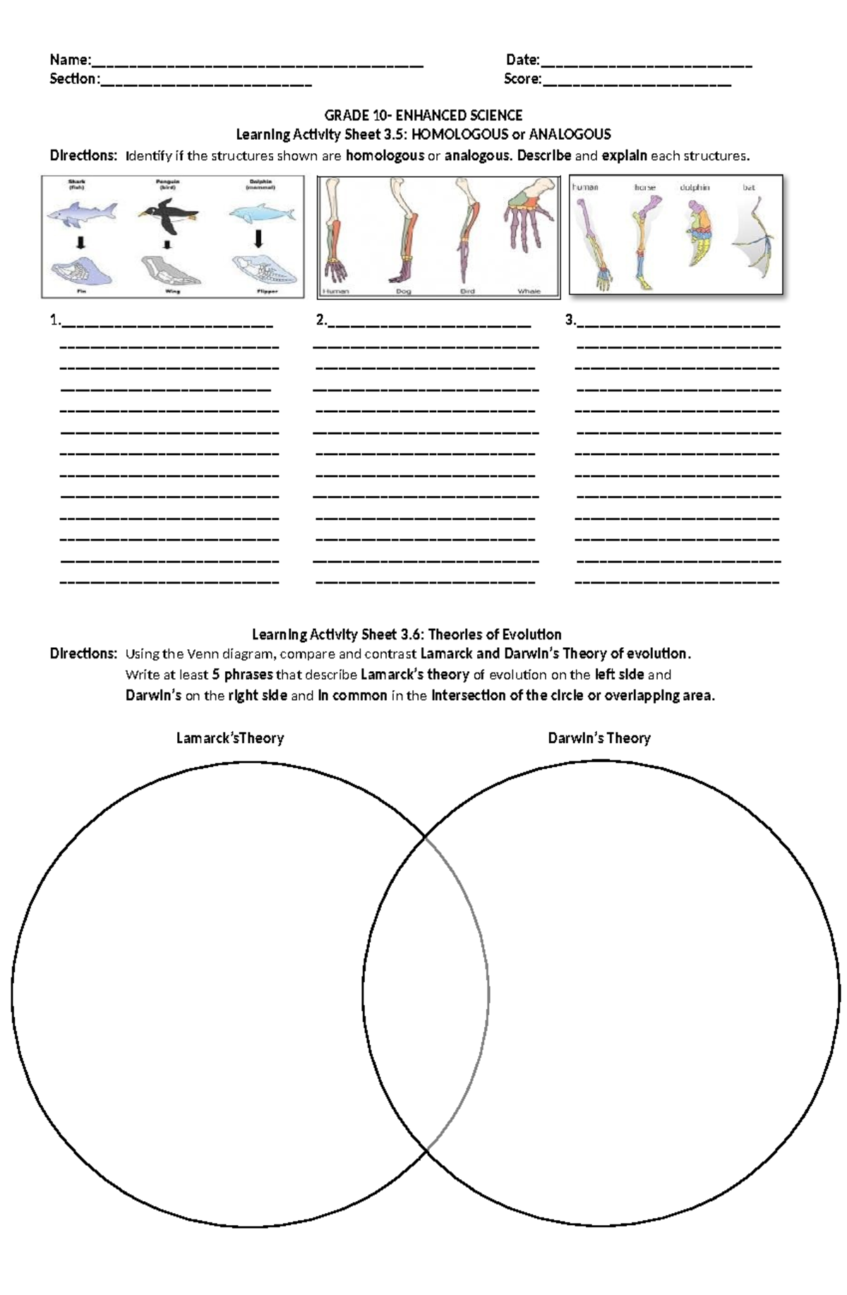 LAS Q3 W5 W8 G10 E Science: Homologous vs Analogous Structures ...