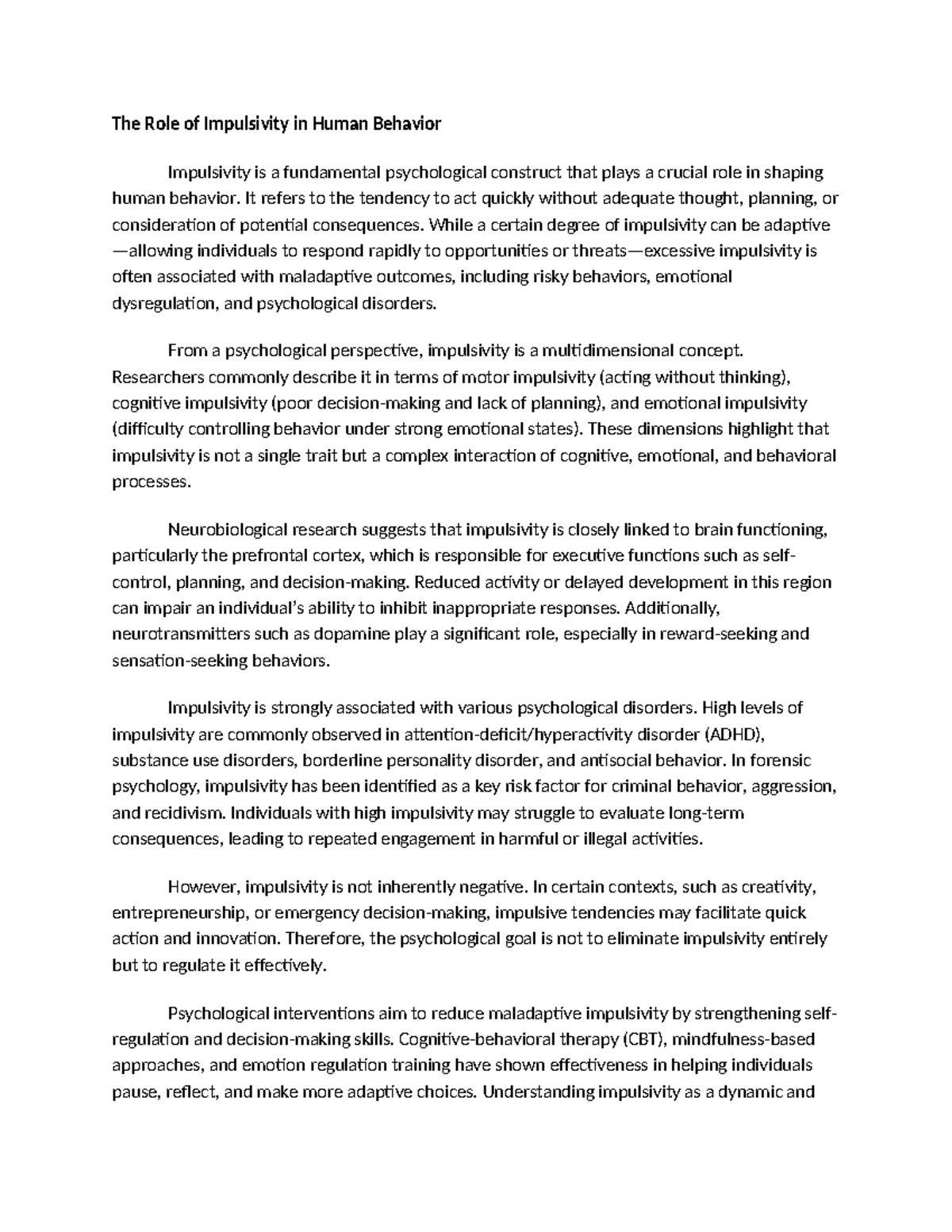 The Impact of Impulsivity on Human Behavior: A Psychological ...