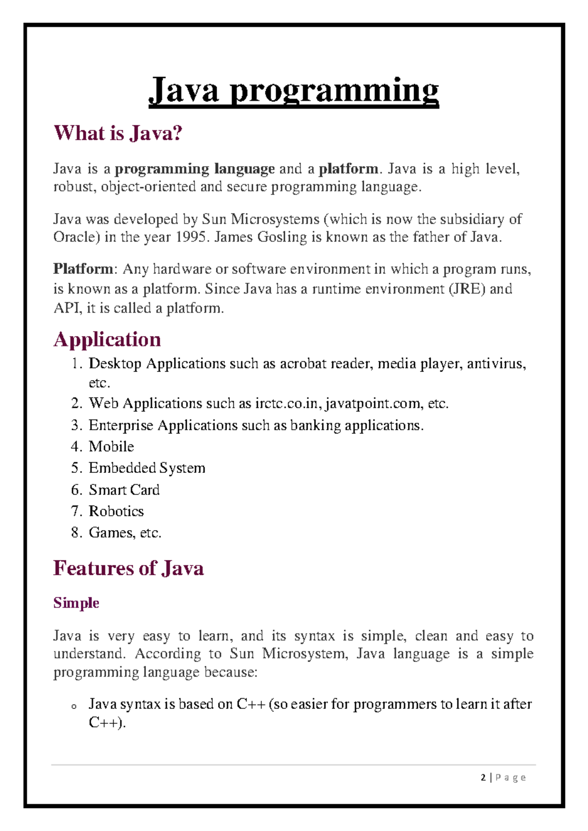 Java Programming Notes: Understanding Java Basics and Features - Studocu