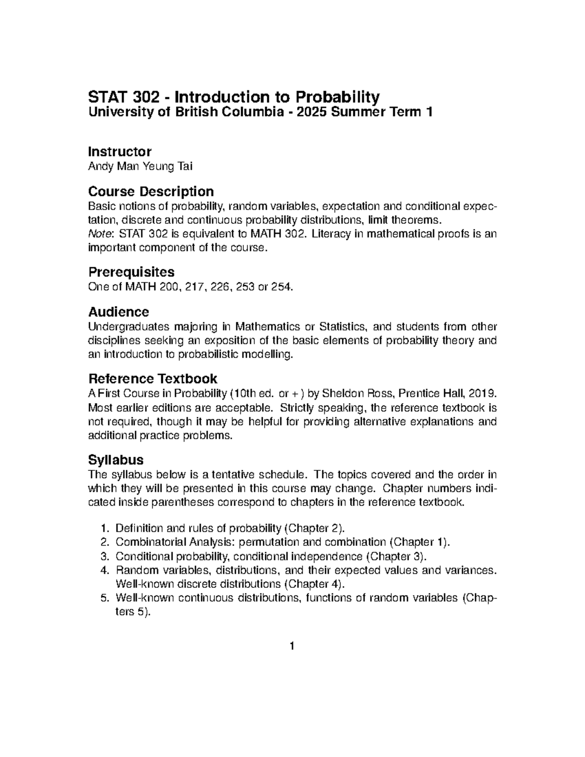 Outline for STAT 302 - Introduction to Probability (2025 Summer Term 1 ...