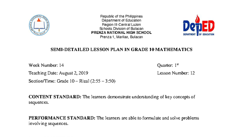 Grade 10 Math Lesson Plan: Understanding Harmonic Sequences (DLP) - Studocu