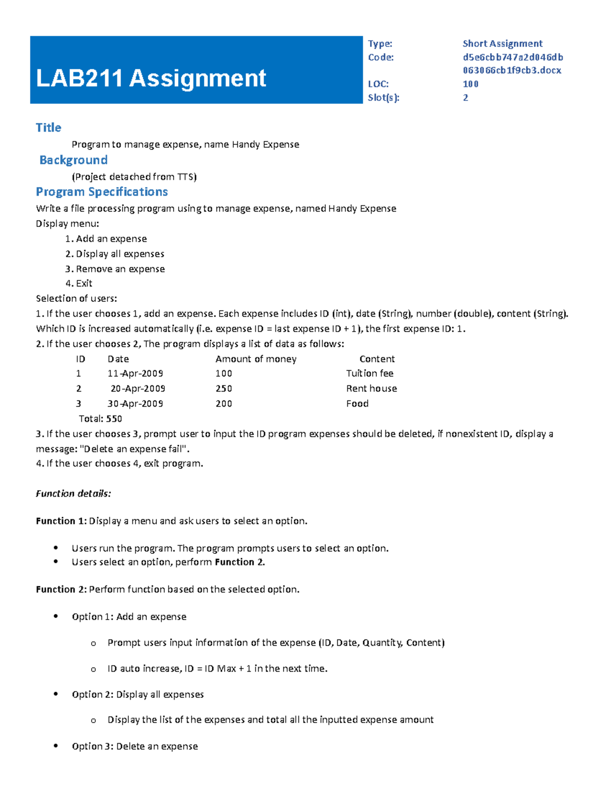 LAB211 Short Assignment: Handy Expense Management Program - Studocu