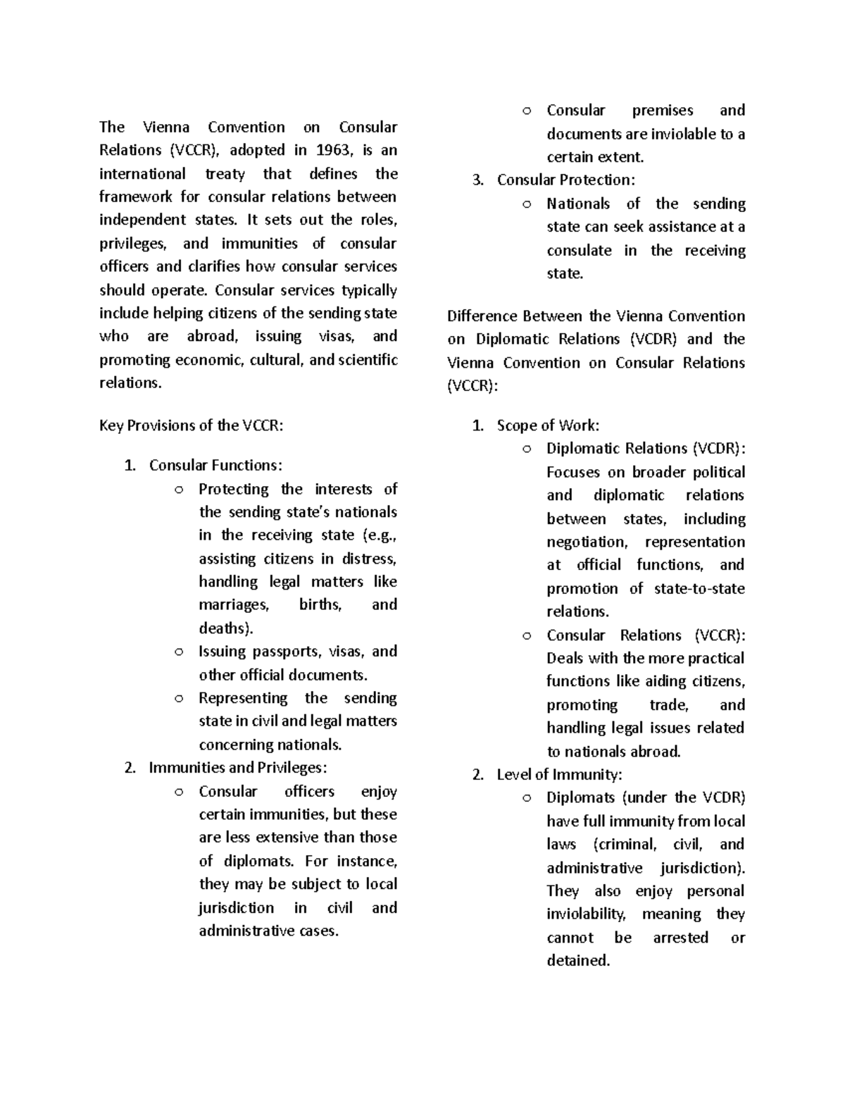 VCCR Notes: Overview of Consular Functions and Immunities - Studocu