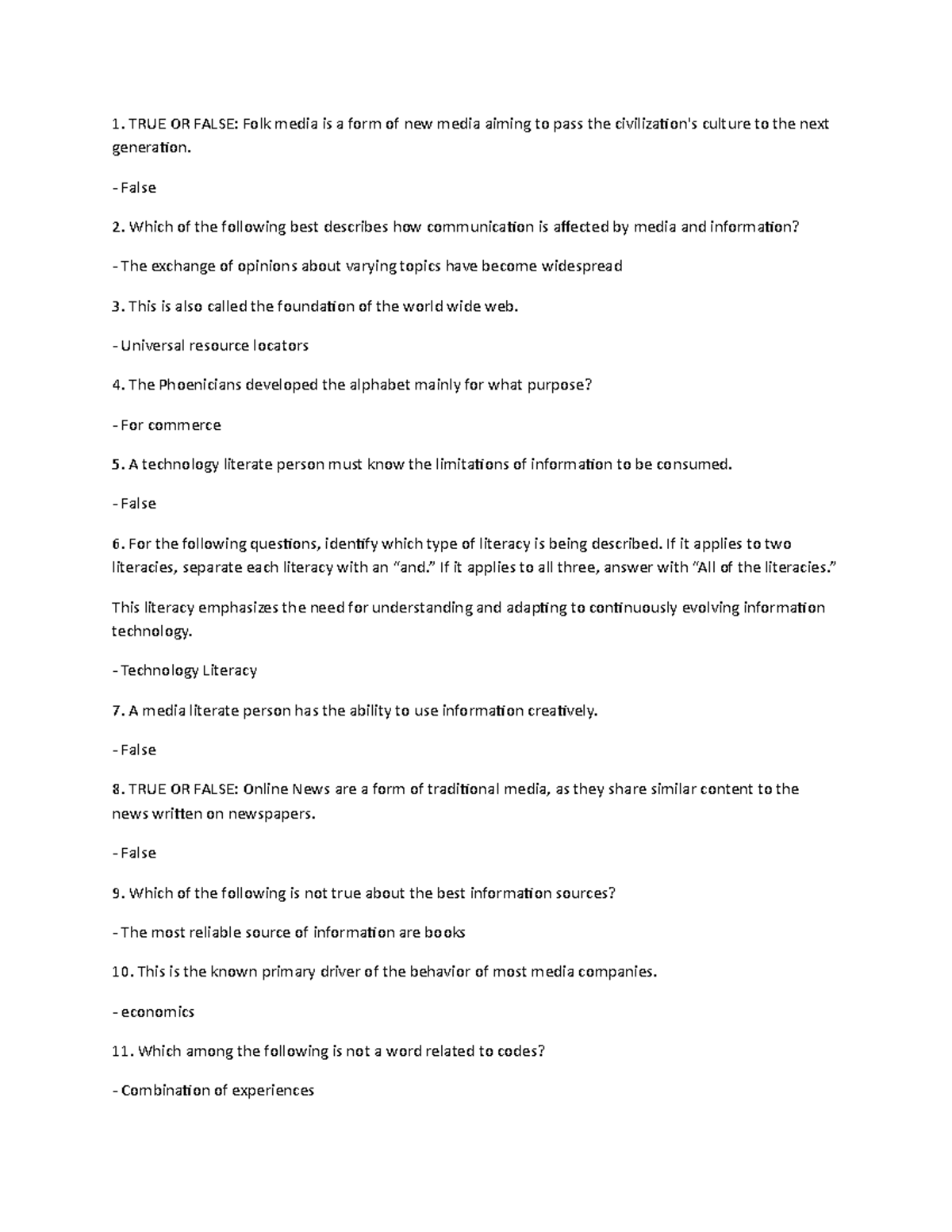 BAED-MEIL2122 Media and Information Literacy - Week 1-20 - TRUE OR ...