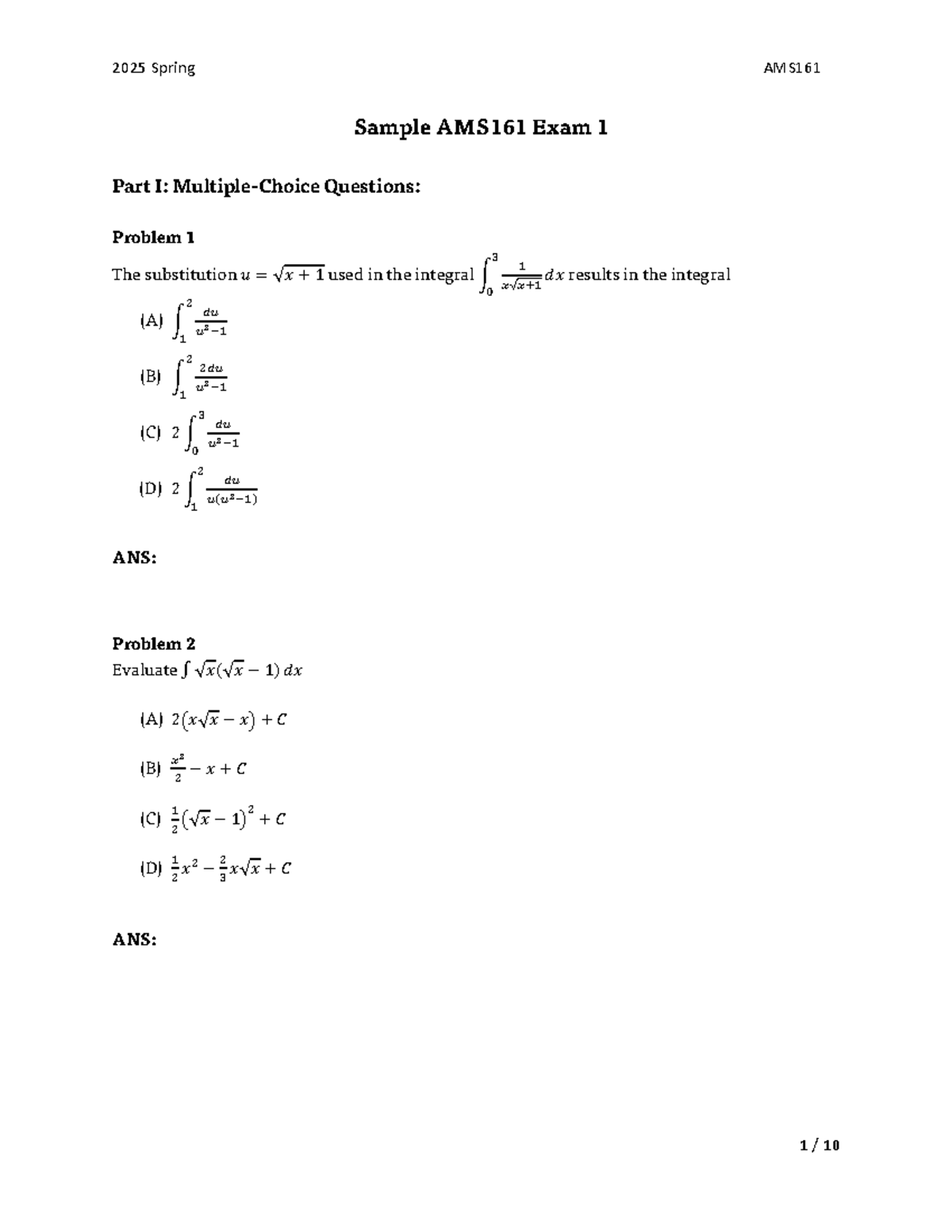 2025 Spring AMS161 Sample Exam 1: Questions & Work Out Problems - Studocu