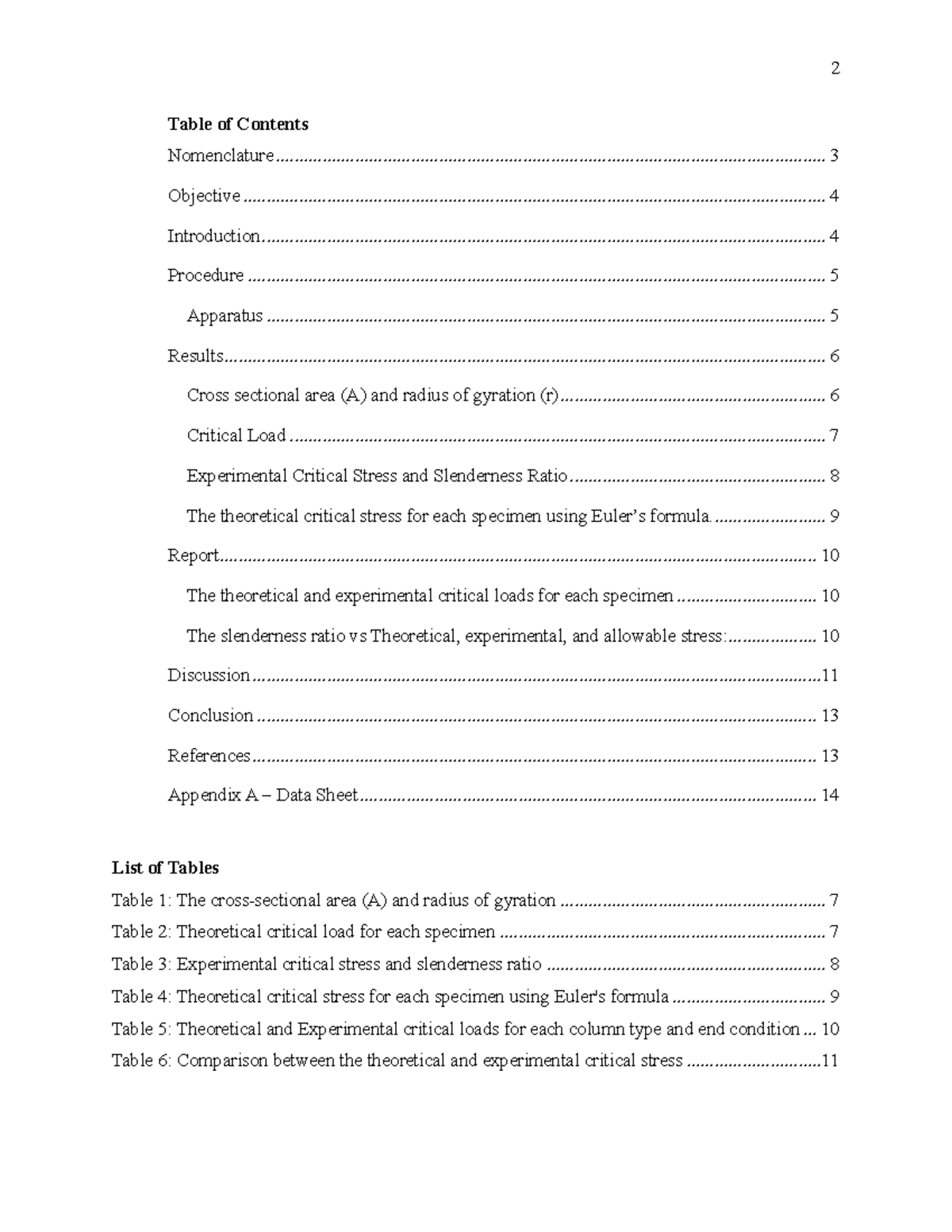 Lab Report #6: Critical Load and Stress Analysis (ENG 101) - Studocu