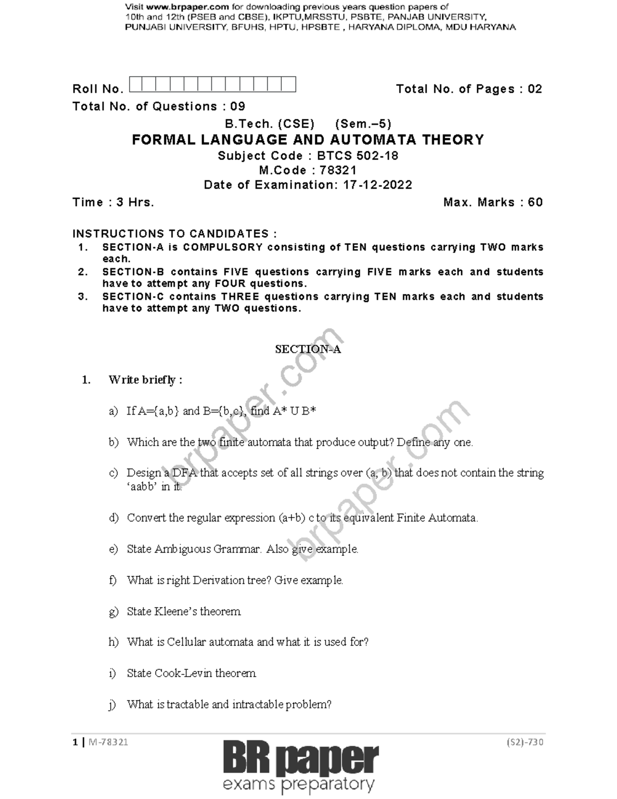 FLAT (5th) Dec 2022 - B.Tech (CSE) Question Paper on Formal Language ...