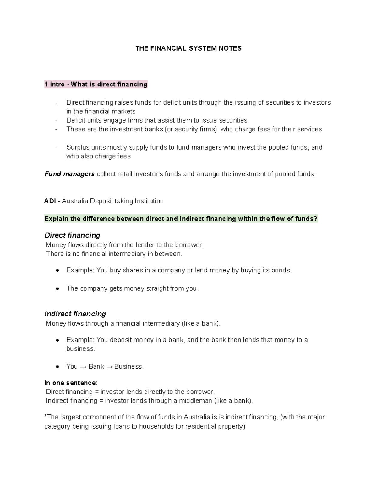 TFS 101: Financial System Notes on Direct vs. Indirect Financing - Studocu