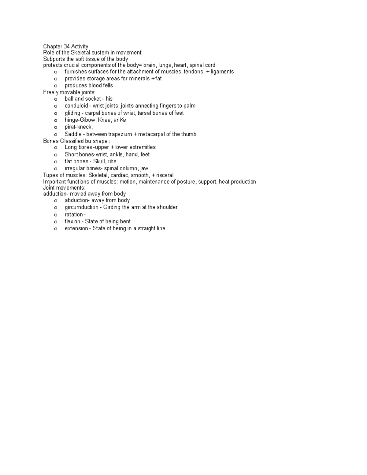 Chapter 34: Skeletal System Functions and Joint Movements Notes - Studocu