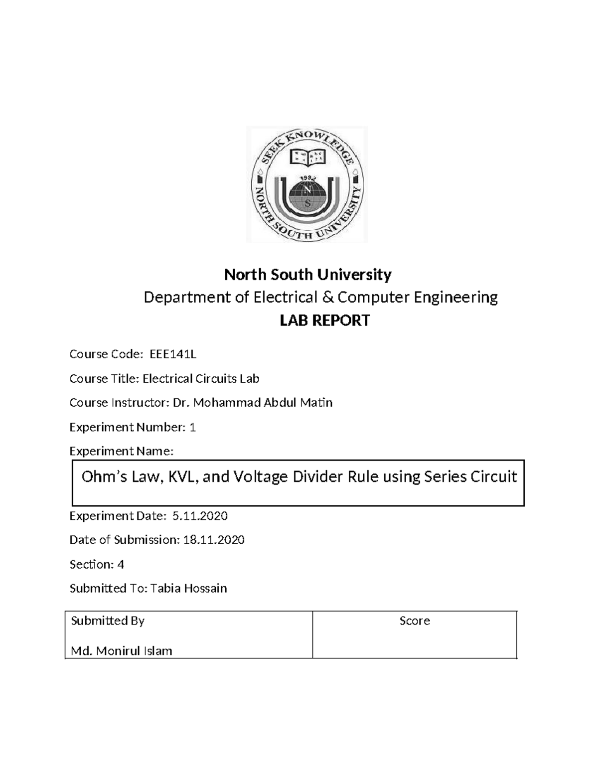 EEE141L Lab Report on Ohm’s Law, KVL, & Voltage Divider Rule - Studocu