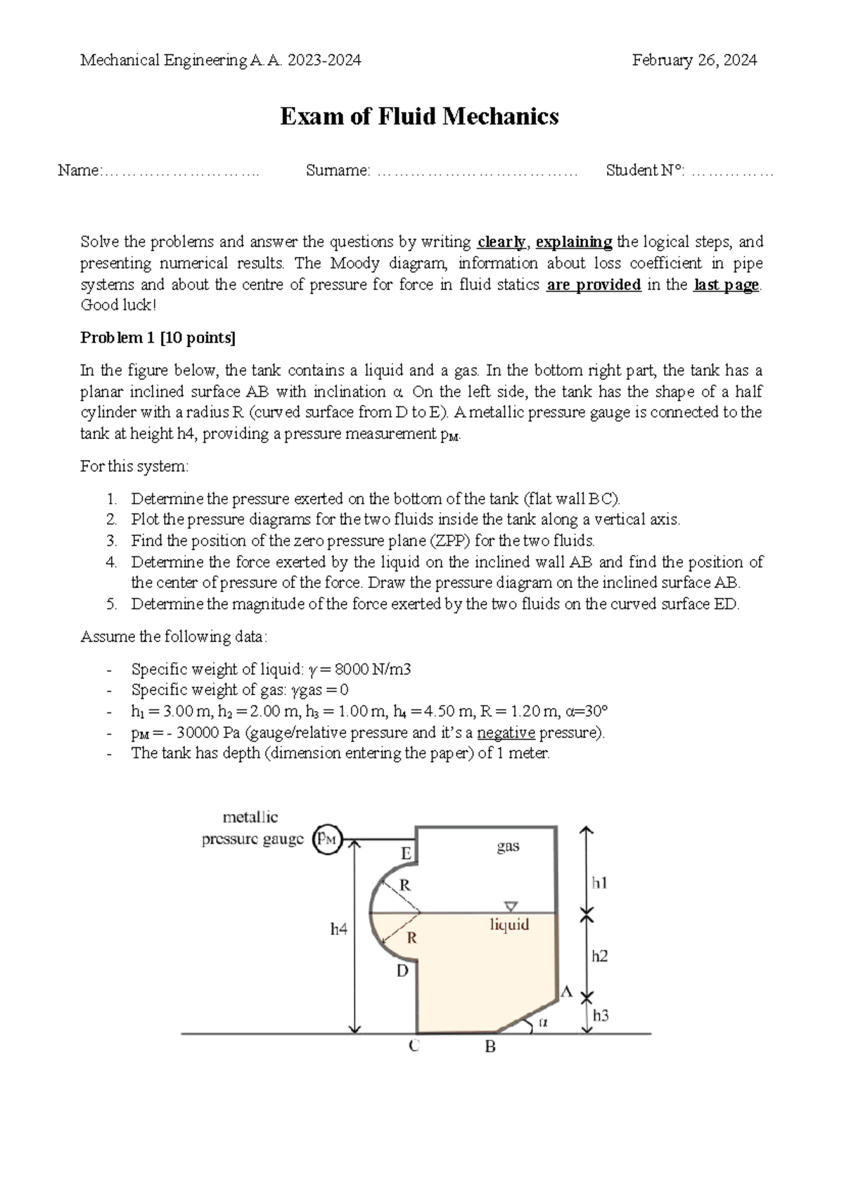 Mechanical Engineering A.A. Fluid Mechanics Exam - February 26, 2024 - Studocu