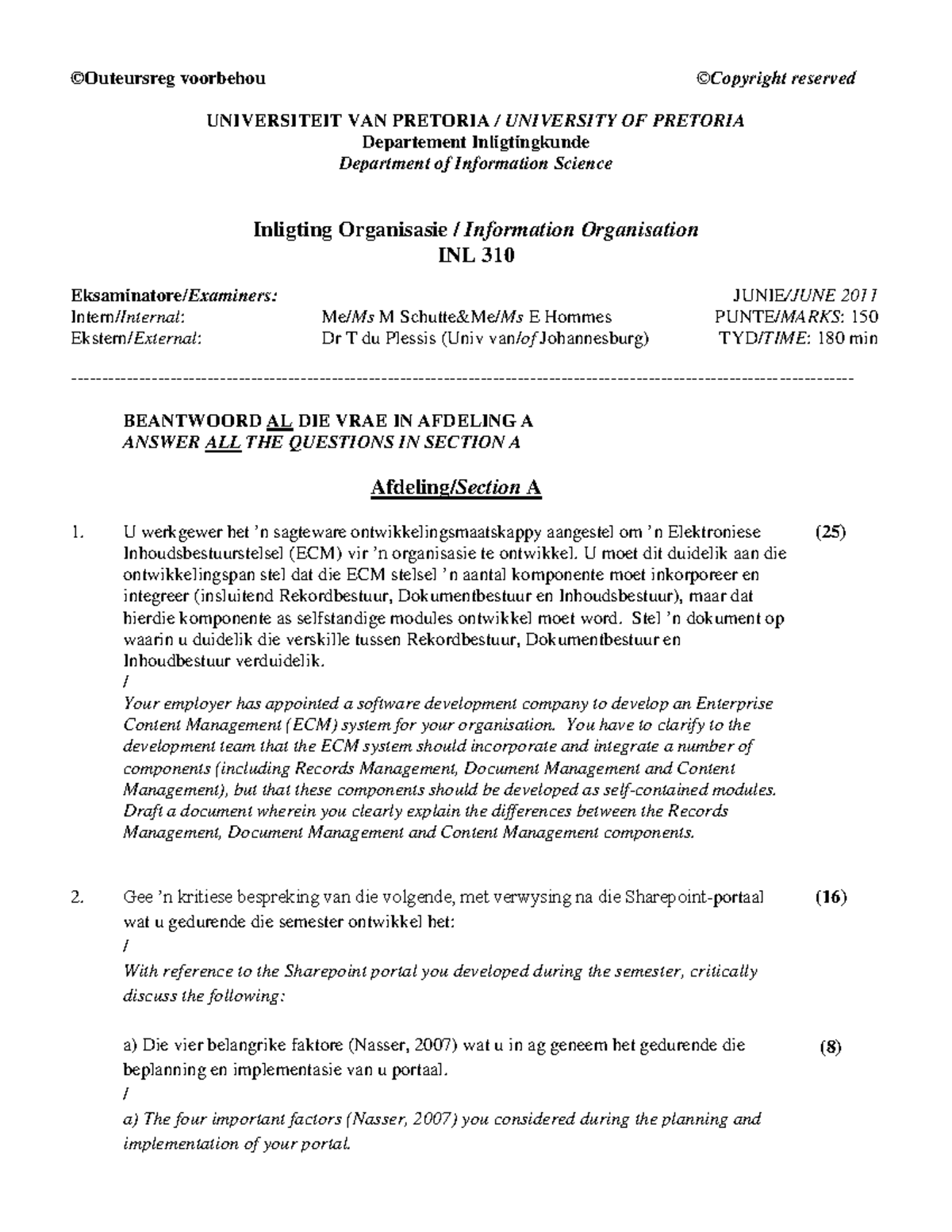 INL 310 Final Exam: Information Organisation Overview - June 2011 - Studocu